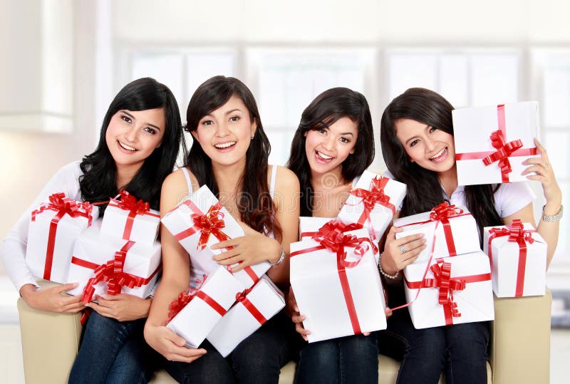 Woman Group with Many Gift Boxes Stock Photo - Image of house, boxes ...