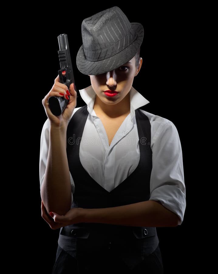 Portrait of Young Woman in Manly Style with Gun Stock Image - Image of ...