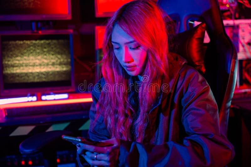 Woman Hacker Asian Wearing Hood Working Computer Mobile Phone Stock ...