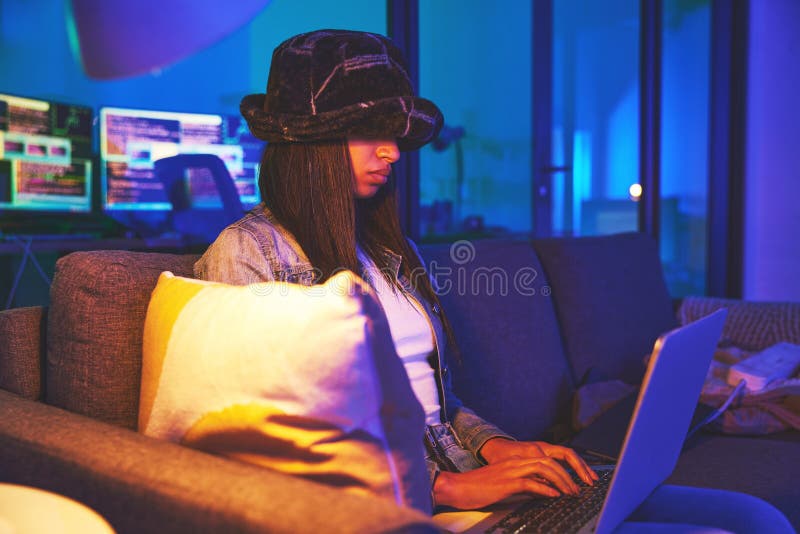 Woman, Hacker and Programmer Typing on Laptop in Home at Night in Neon ...