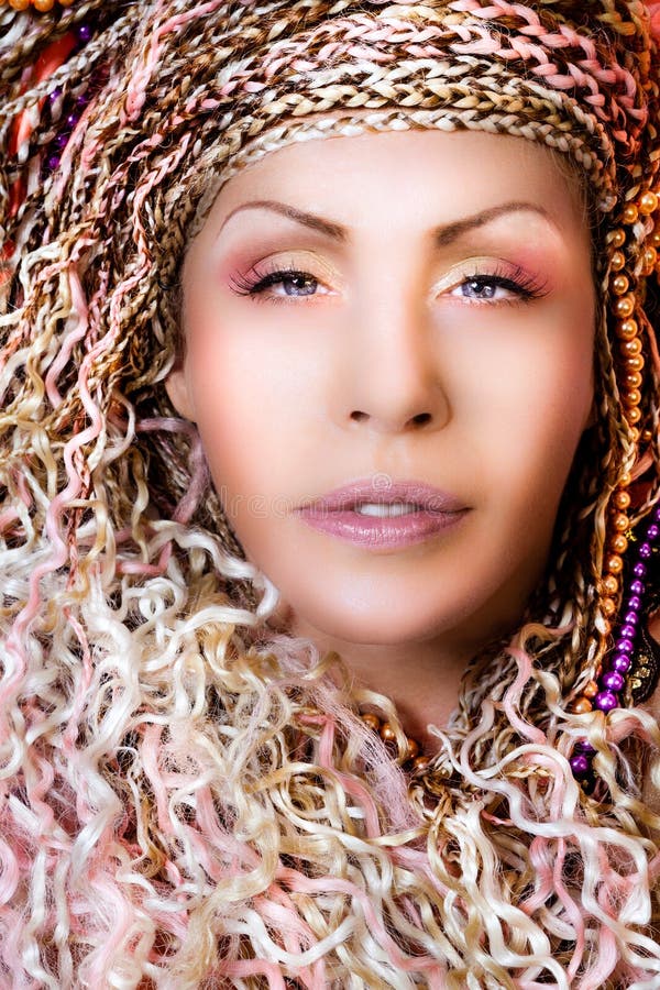 Woman Hairstyle Close Portrait Makeup And Hair Gold Braids Stock