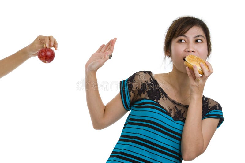 Woman with Hamburger Refusing an Apple Stock Photo - Image of hamburger ...