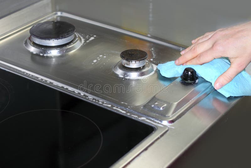 Woman Hand Cleaning Kitchen Cooking Top Stock Photo - Image of ...