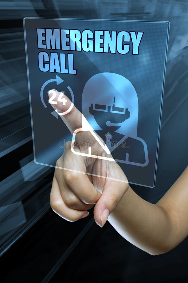 A Woman Hand Click on a Digital Screen and Call Emergency Stock Photo ...
