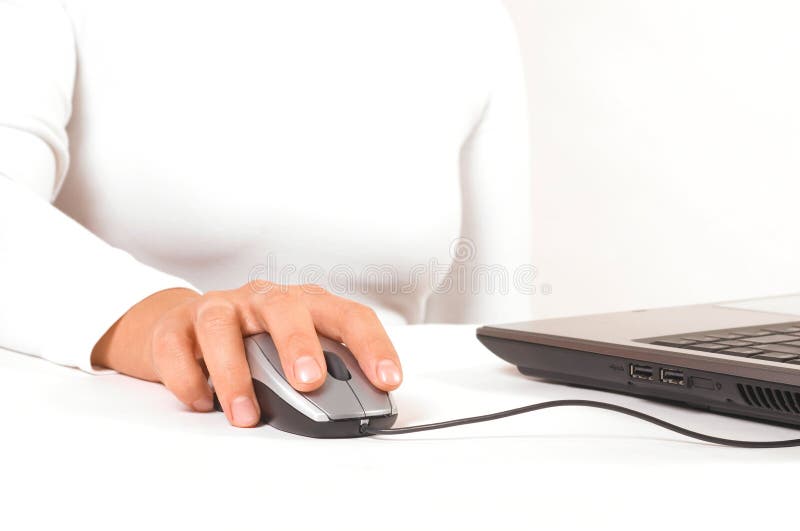 Hand on Mouse and Laptop Keyboard in the Back, Blured Stock Image ...