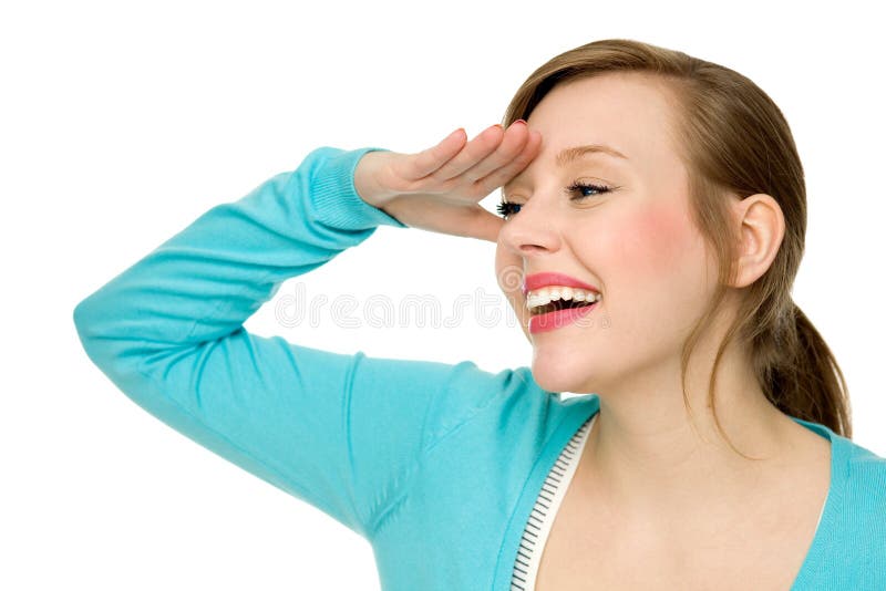 Woman with Hand on Forehead Looking into Distance Stock Image - Image ...