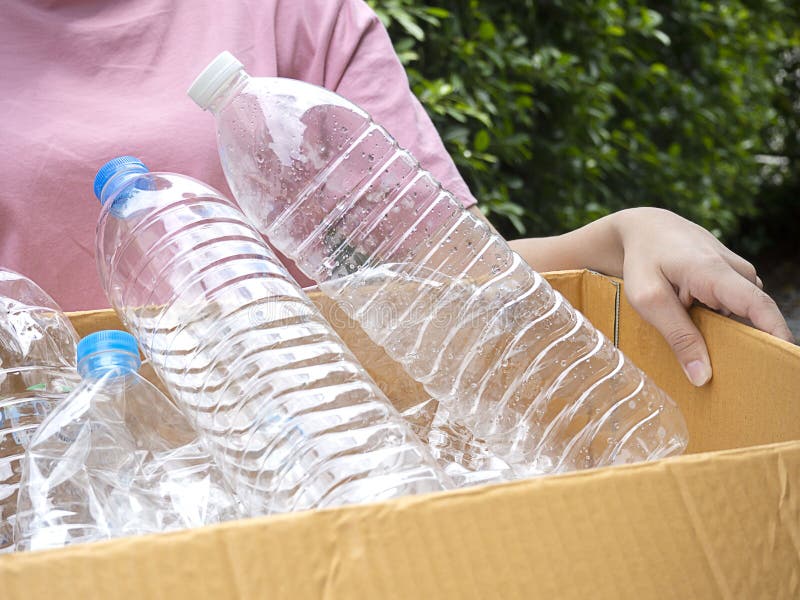 Woman Hand Holdging Box of Plastic Bottle Garbage for Recycle Stock ...