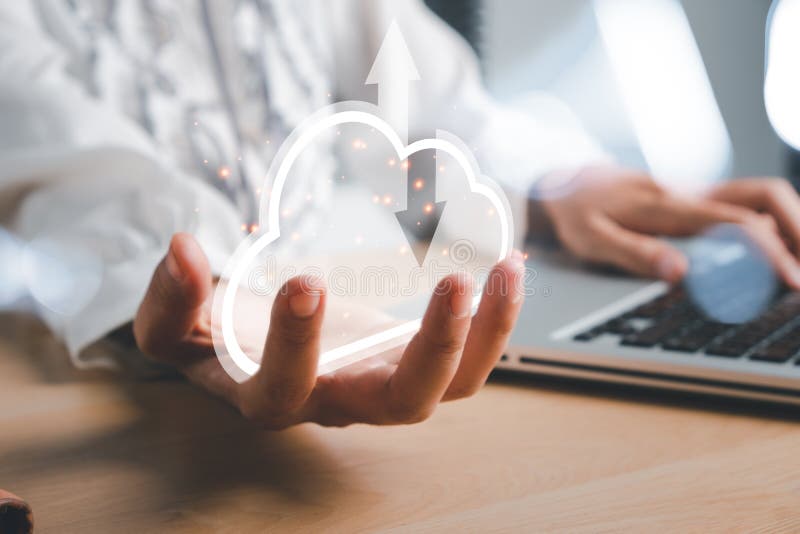 Cloud Computing Concept, Person Hand Using Laptop Computer with Cloud ...