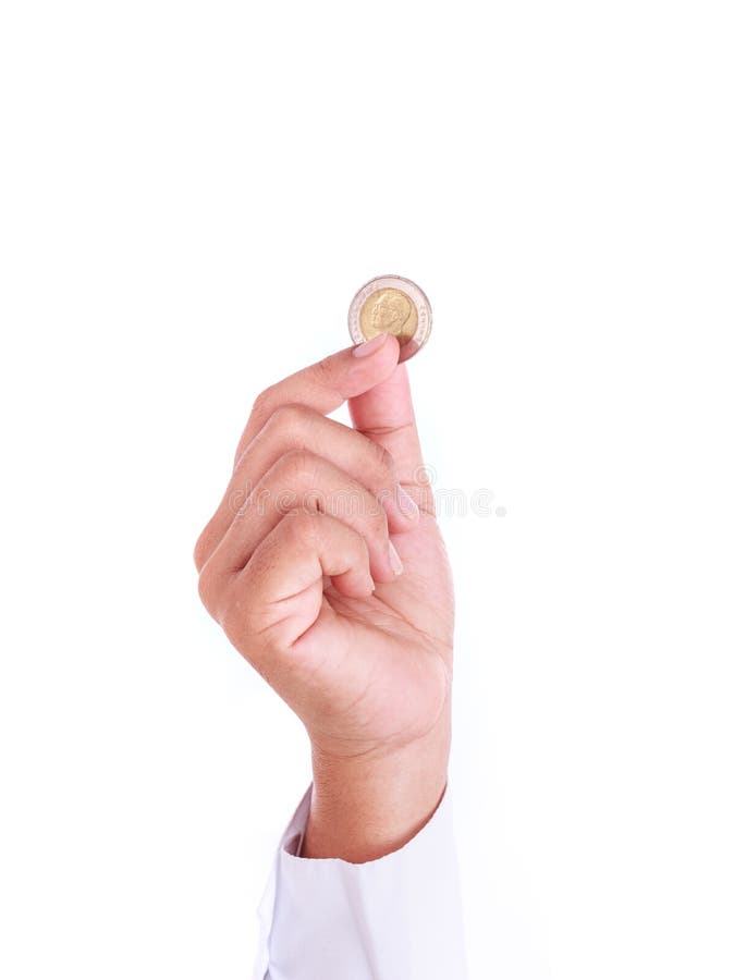 Young Woman Holding Coin Isolated on White Stock Photo - Image of ...