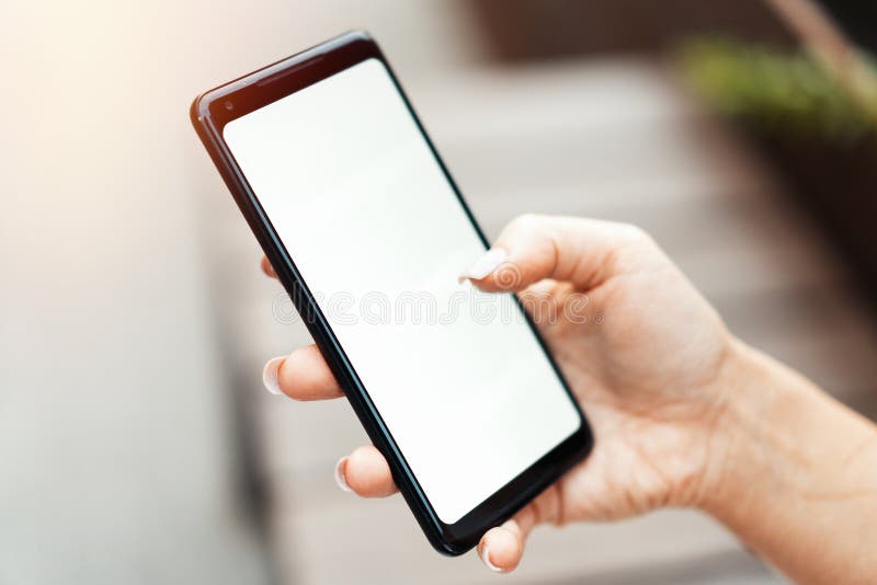 Woman Hand Holding Mobile Phone with Blank Empty Screen. Stock Photo ...