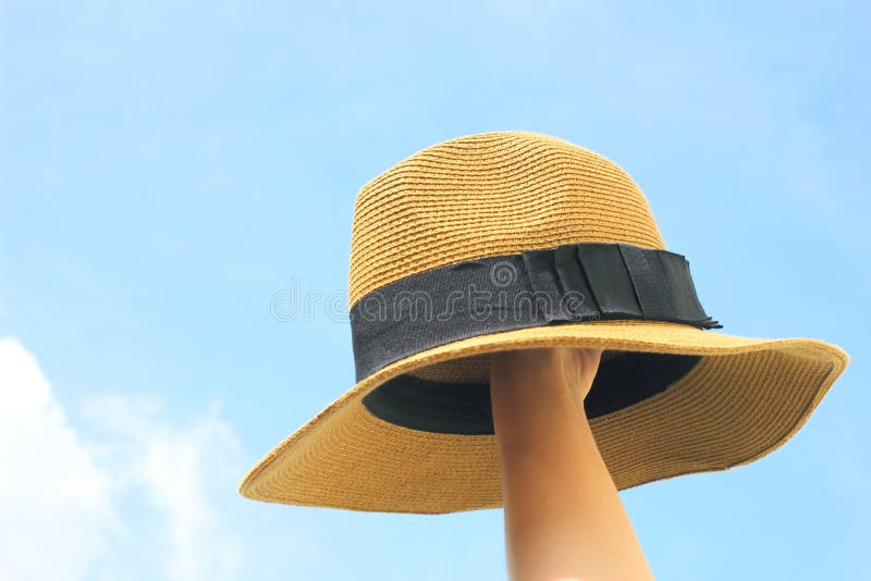 Woman Hand Holding Panama Hat with Sky Stock Photo - Image of blue ...