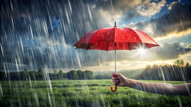 Woman Hand Holding Red Umbrella Under Rain. Stock Illustration - Illustration of protect ...