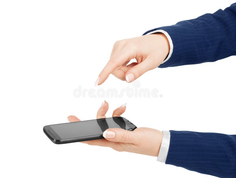 Woman Hand Holding Touching Mobile Phone Screen Her T Stock Photos ...