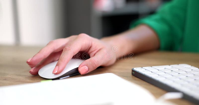 Woman Hand Holds Computer White Mouse and Works on Computer Stock ...