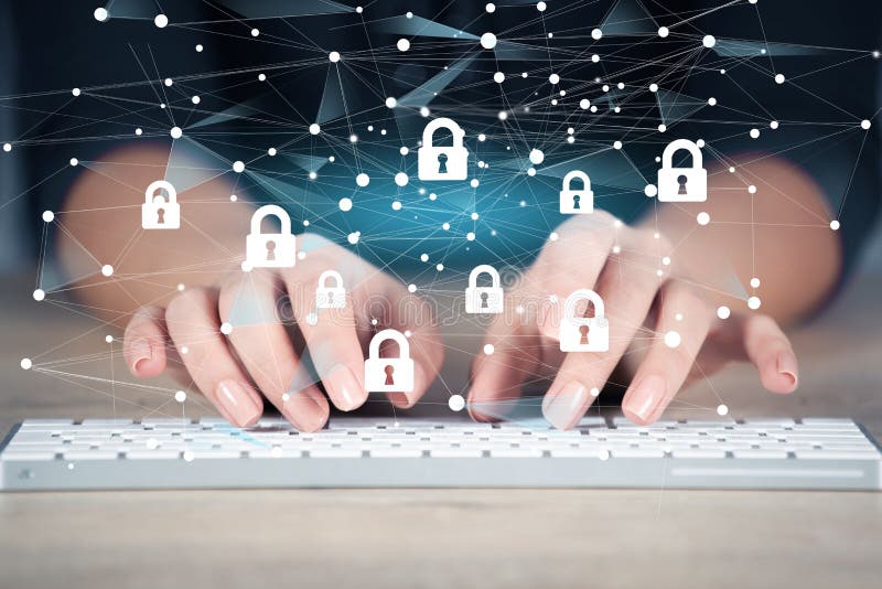 Woman Hand Keyboard with Lock Network in Screen. Stock Photo - Image of ...