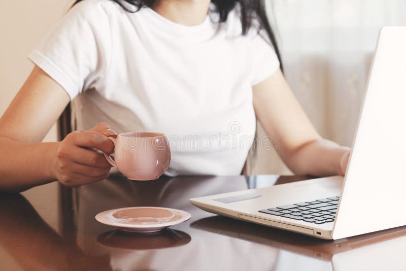 Woman Hand Komputer with Coffee Stock Image - Image of communication ...