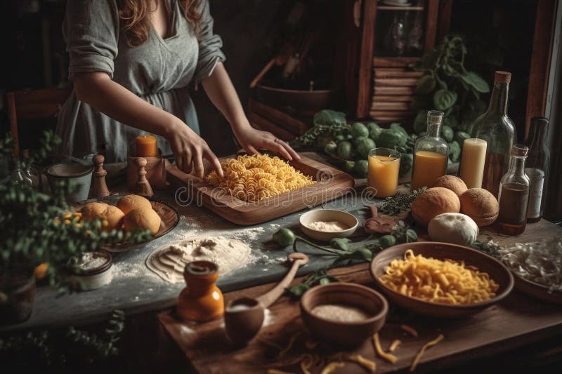 A Woman is Hand-making Pasta in the Kitchen. Created with Generative AI ...