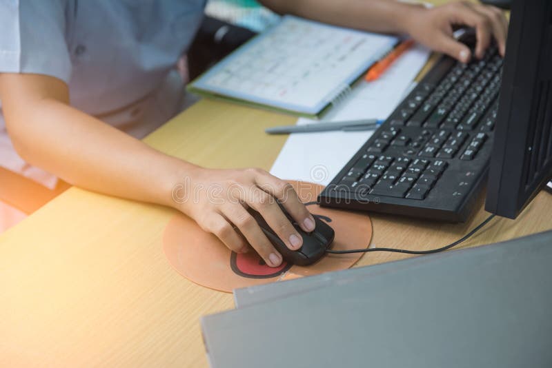 Woman Hand on the Mouse Working in Office. Stock Image - Image of ...