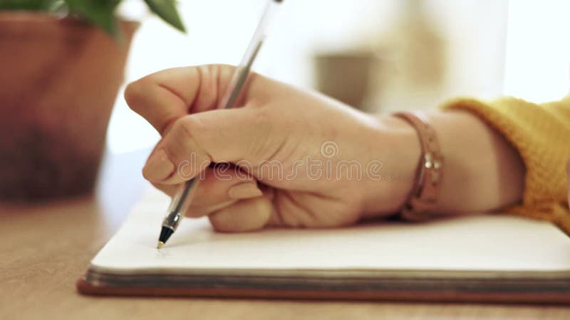 Woman, Hand and Notebook Writing on Paper at Home Working on Study ...