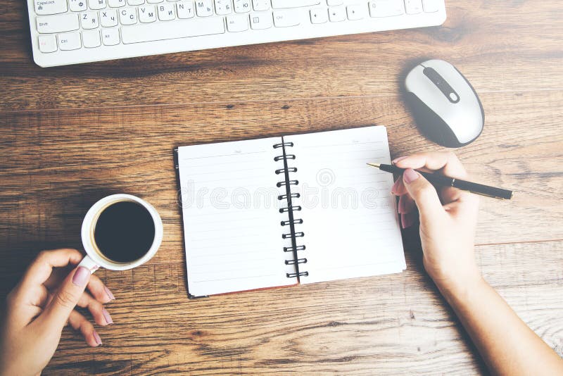 Woman Hand Notepad with Coffee and Keyboard Stock Image - Image of ...