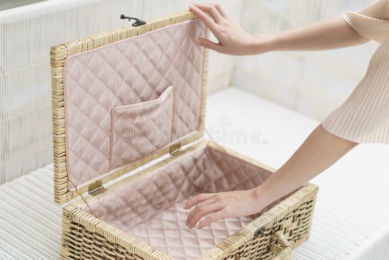 Woman Hand Open a Wicker Suitcase Near the Pool Stock Photo - Image of ...