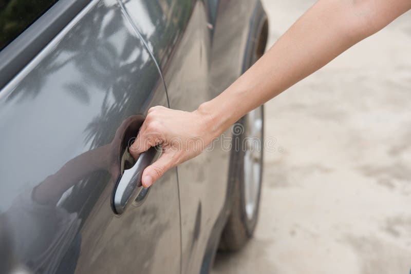 Woman Hand Opens Door Car in the Park Stock Image - Image of human ...
