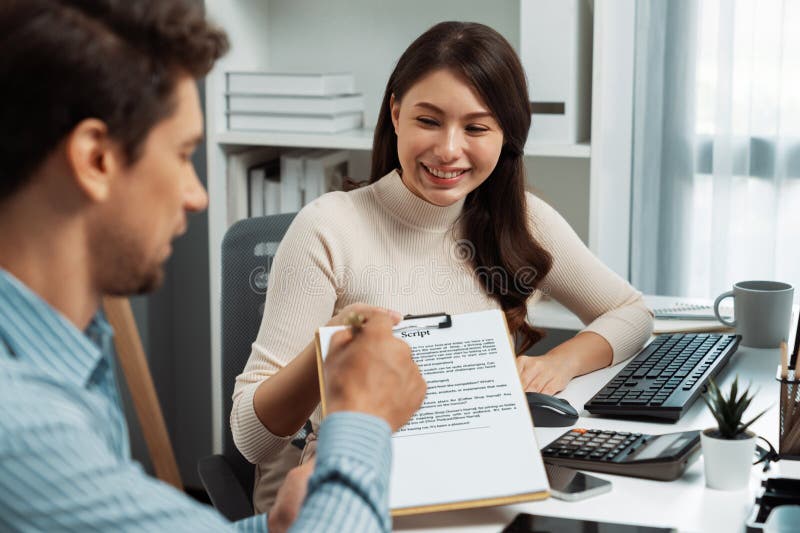 Woman Hand Over Script Note To Manager for Reviewing Message. Postulate ...
