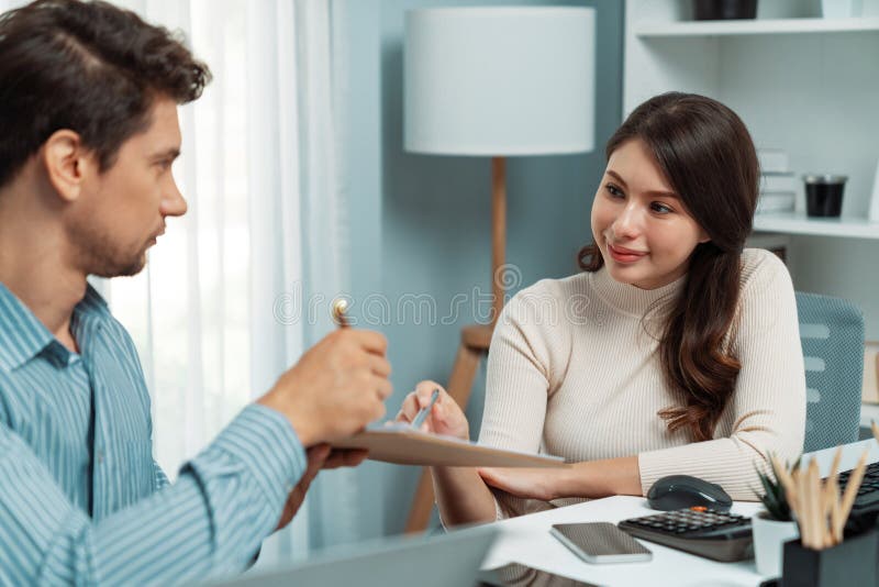 Woman Hand Over Script Note To Manager for Reviewing Message. Postulate ...