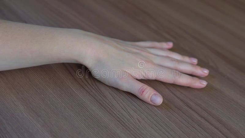 Woman Hand Palm is Touching Dark Wood Table Countertop Surface. Stock ...
