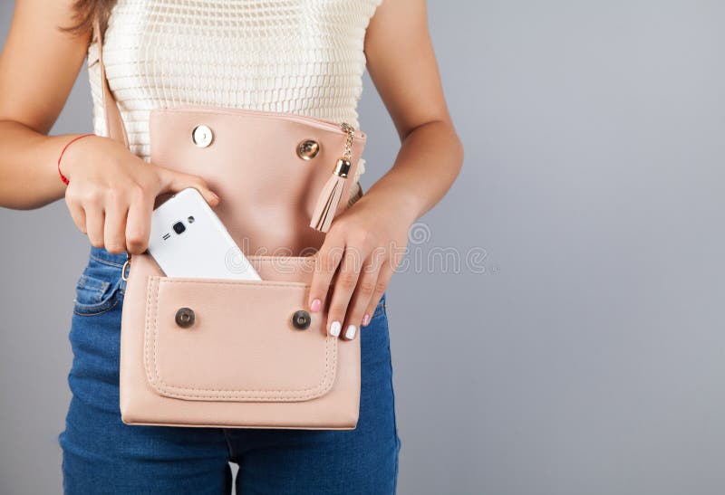 Woman Hand Phone on Bag Pocket Stock Image - Image of pink, model ...