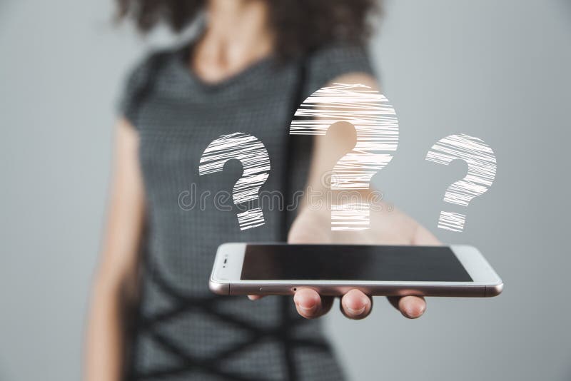 Woman Hand Phone with Question Mark Stock Photo - Image of idea, phone ...