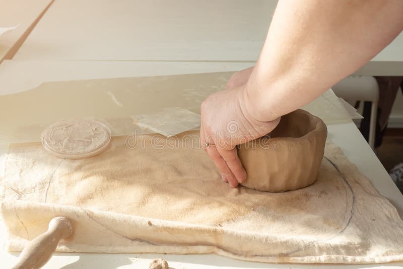 Woman Hand Potter Making Clay Cup in Pottery Workshop Studio. Process ...