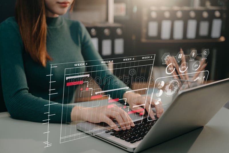 Woman Hand Project Manager Working and Update Tasks and Gantt Chart ...