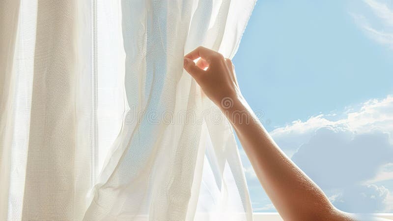 Woman Hand Pulling White Transparent Curtain Aside. Blue Sky Bright ...
