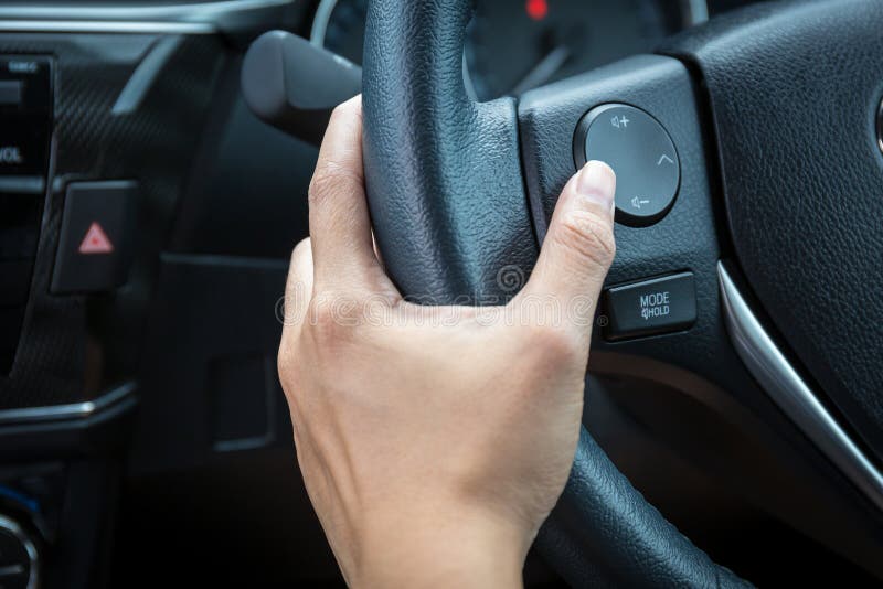 A Woman Hand Pushes the Volume Control Button Stock Image - Image of ...