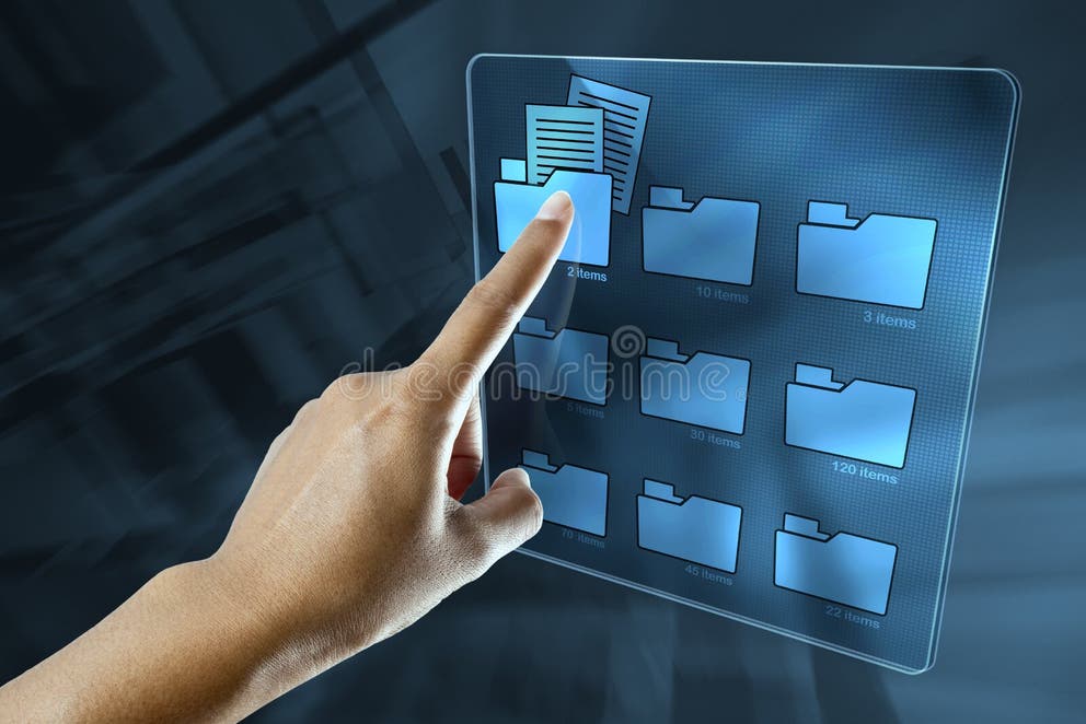 A Woman Hand is Searching Data in a Folder on a Digital Screen Stock ...