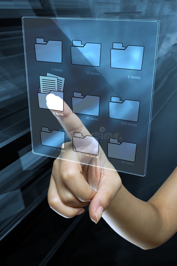 A Woman Hand is Searching Data in a Folder on a Digital Screen Stock ...