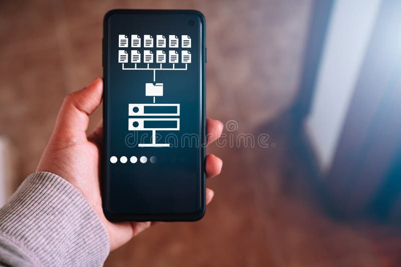Woman Hand Showing Data Host Server Storage on Smartphone Screen. Stock ...