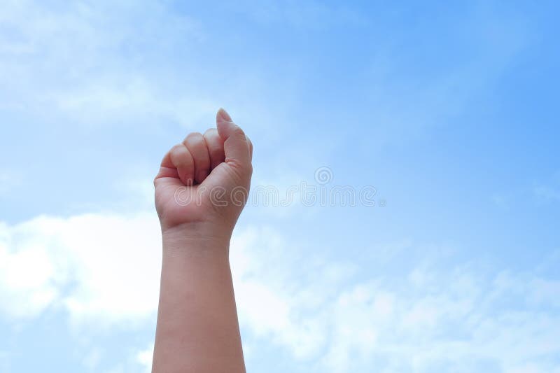 Woman Hand Showing Something on the Blue Sky Stock Image - Image of ...
