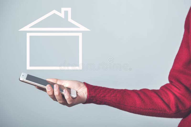 Woman Hand Smart Phone with House Icon Stock Photo - Image of system ...