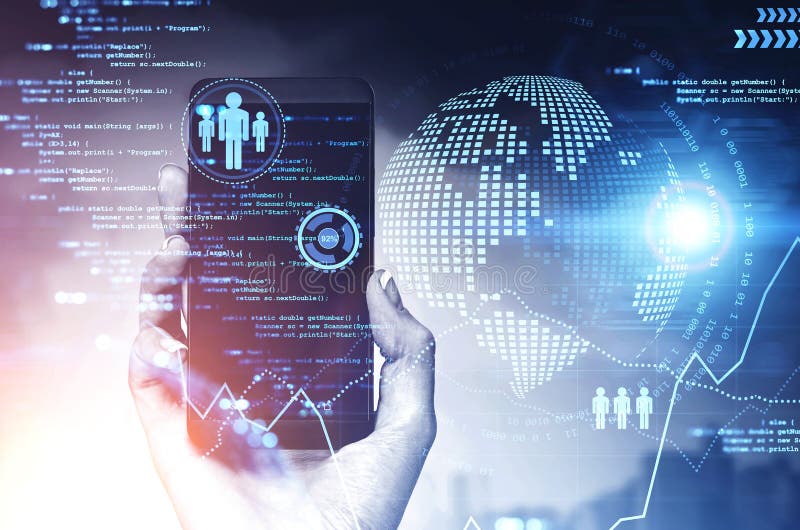 Woman Hand with Smartphone, Big Data Interface Stock Photo - Image of ...