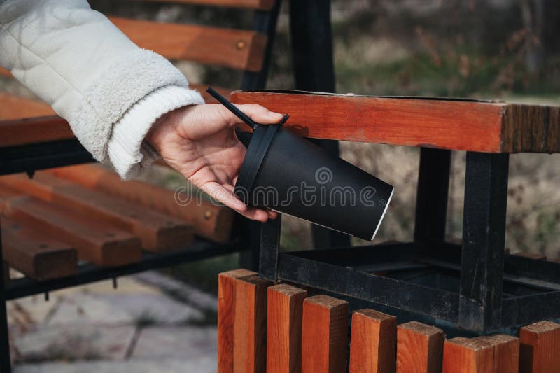 Woman Hand Throws a Recyclable Cardboard Cup of Coffee into a Trash Can ...