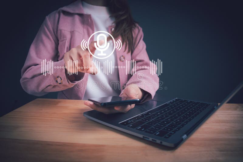 Woman Hand Touch the Microphone Button Voice Assistant on Smartphone ...