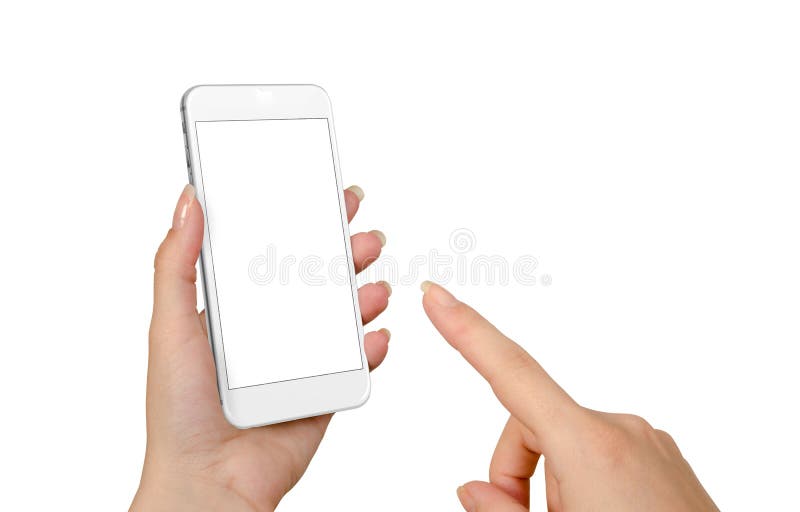 Woman Hand Touch Smart Phone with Isolated Blank Screen for Mockup ...