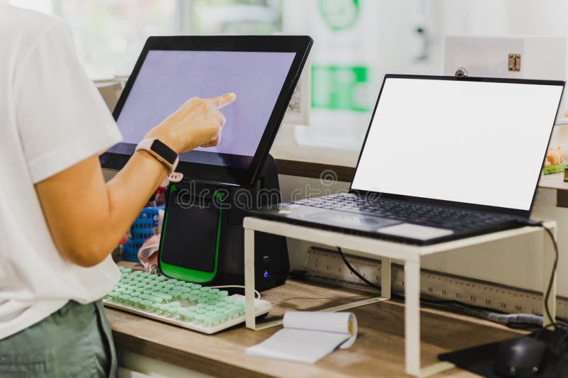 Woman Hand Touching Computer Creen at Cashier Counter. Stock Image ...