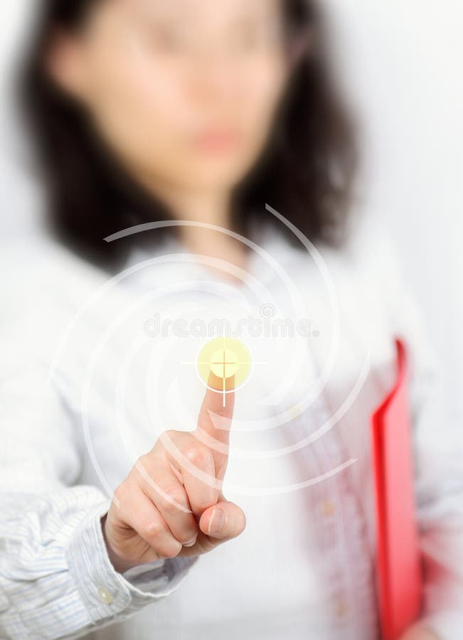 Woman Hand Touching Screen Interface Stock Photo - Image of display ...