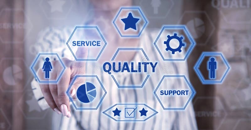 Woman Hand Touching in Screen. Quality Management in Business Process ...