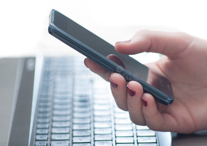 Woman Hand Typing on Mobile Phone in Office Stock Image - Image of ...