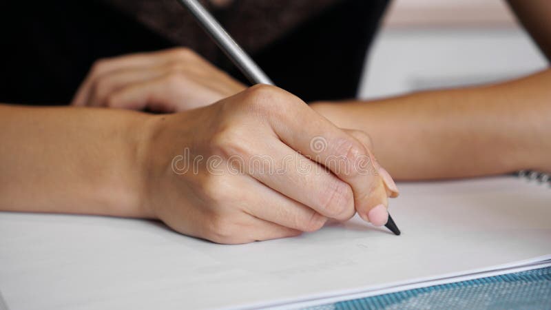 Woman Hand Use Pencil Writing on Clear Sheet Stock Image - Image of ...