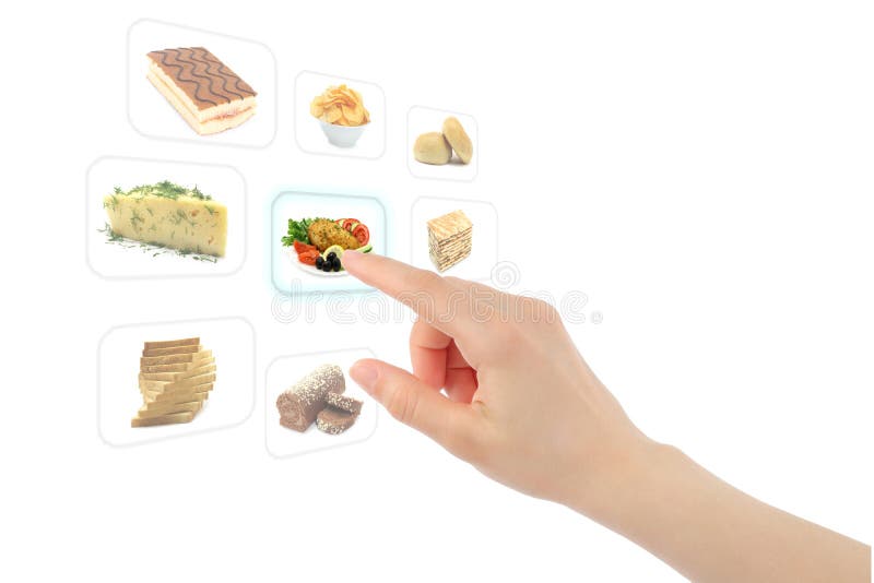 Woman Hand Uses Touch Screen Interface with Food Stock Image - Image of ...
